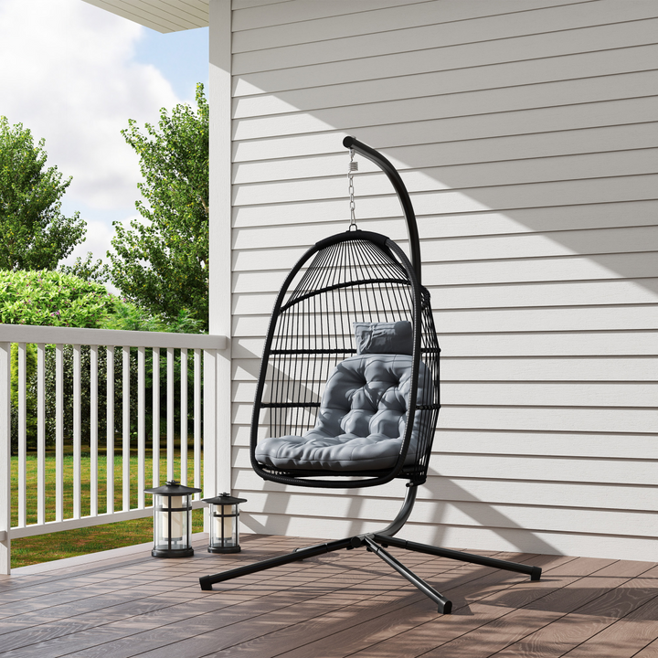 Outsunny Rattan Hanging Egg Chair with Stand, Cushion, Dark Grey ...