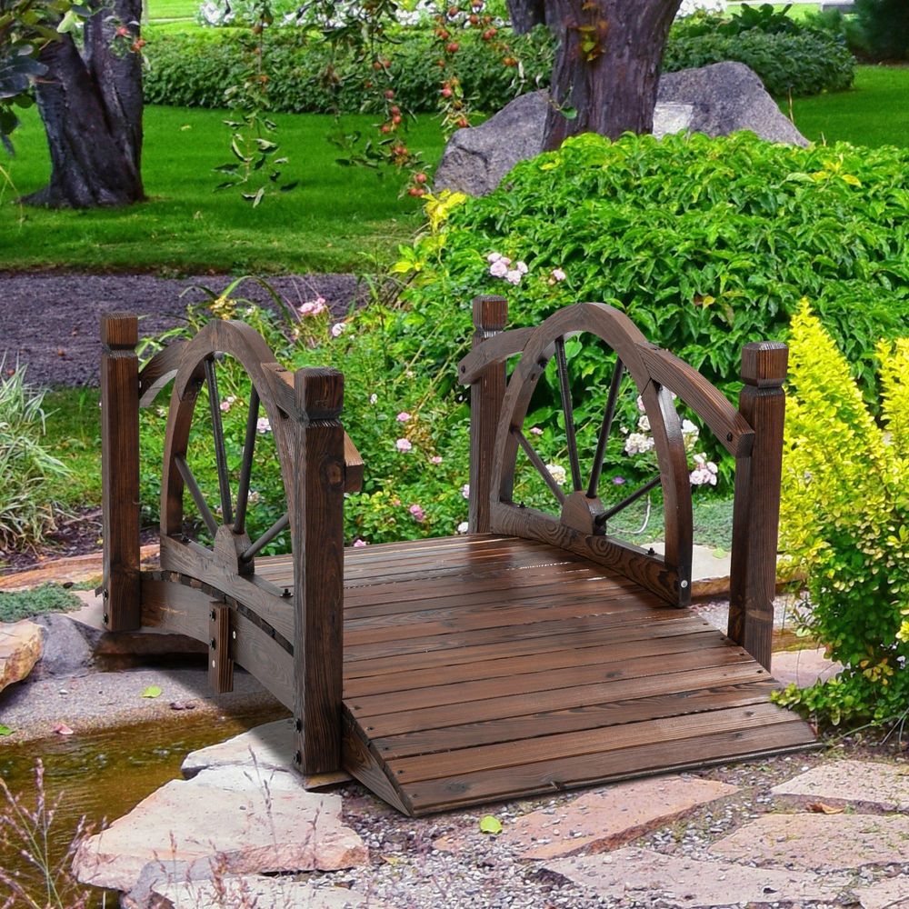 Wooden Garden Bridge Decorative Arc Footbridge & Safety Guardrail Walk ...